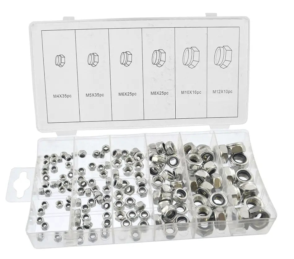 146pc Self Locking Screw Nut Assortment, Nyloc Nuts - FairTools